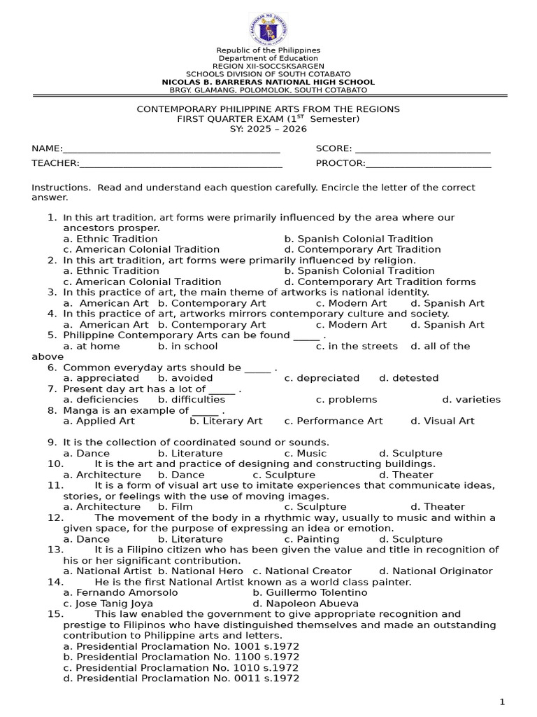 Cpar 1st Quarter Exam 2025-2026 | PDF | Philippines | Sculpture