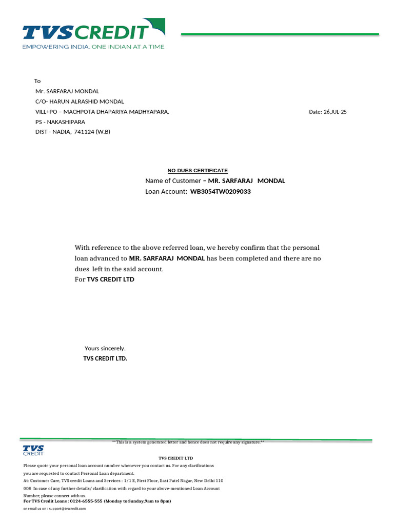 TVS Credit Loan Completion Certificate | PDF