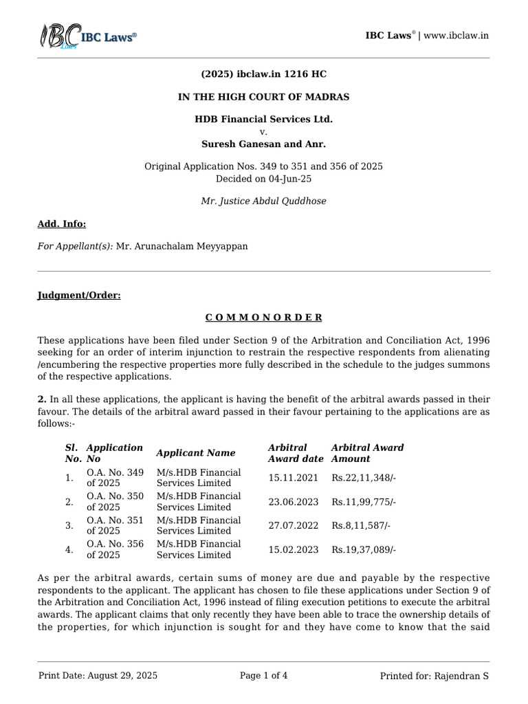 HDB Financial Services LTD Vs Suresh Ganesan and Anr Madras High Court ...