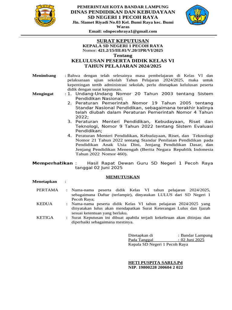 Kelulusan Kelas VI SD Pecoh Raya 2025 | PDF