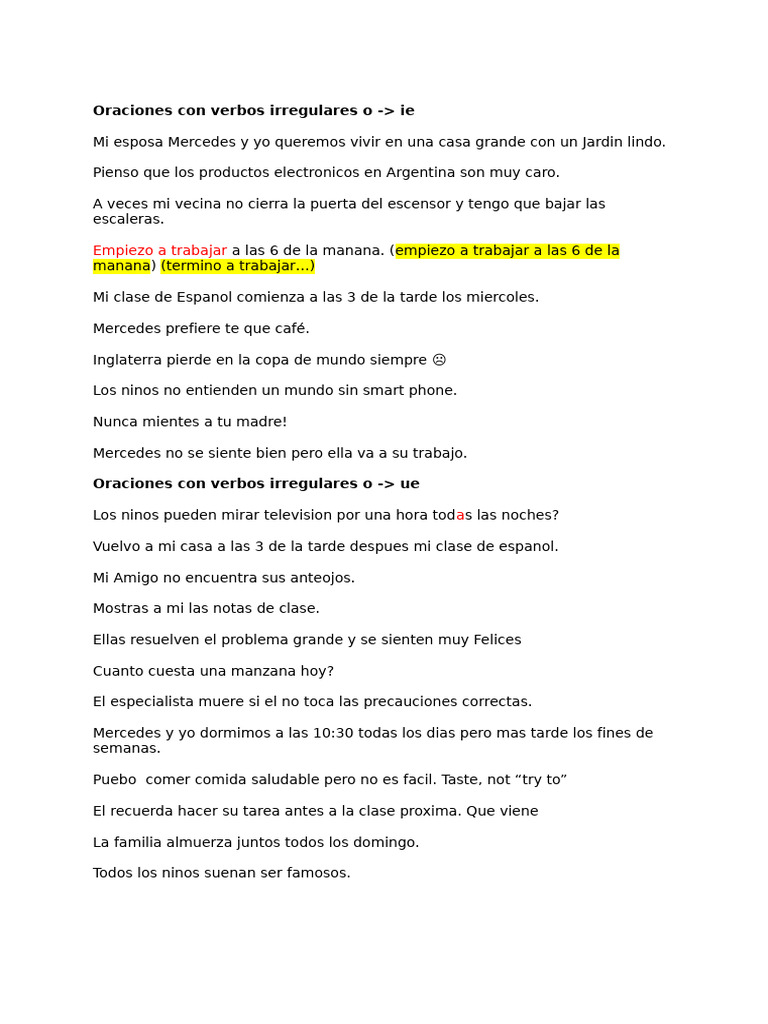 Irregular Verbs E-Ie and O-Ue Sentences | PDF