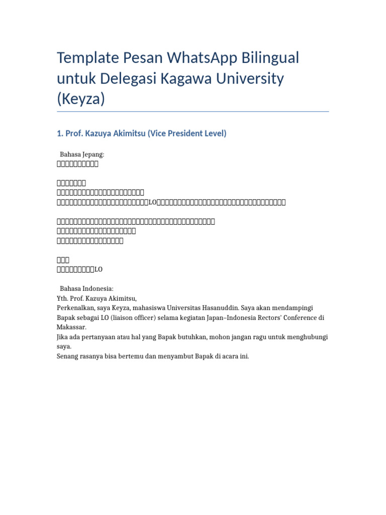 Template Pesan WA Bilingual Kagawa University Keyza | PDF
