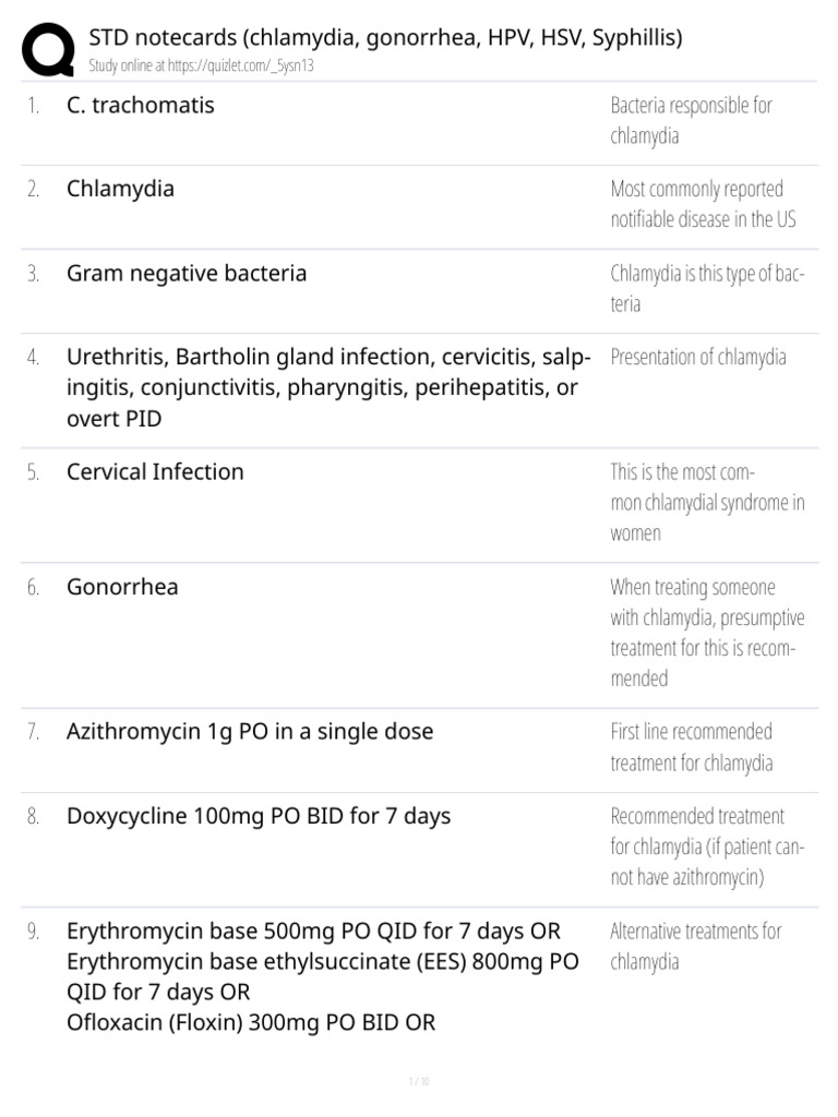 STD Notecards (Chlamydia, Gonorrhea, HPV, HSV, Syphillis) NURS 682 ...