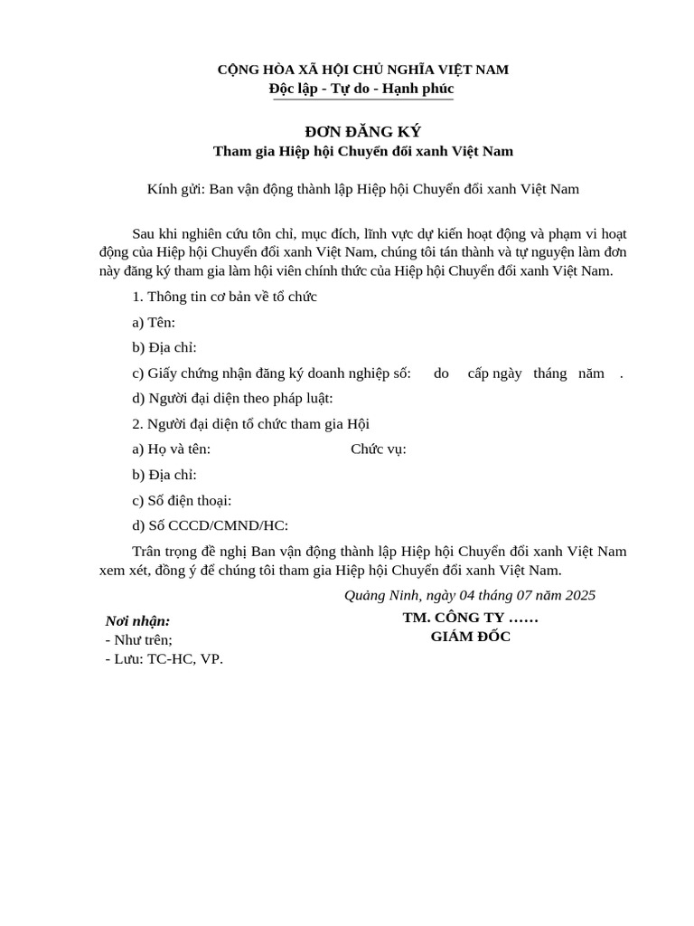 Dang Ky Gia Nhap Hiep Hoi Chuyen Doi Xanh VN | PDF