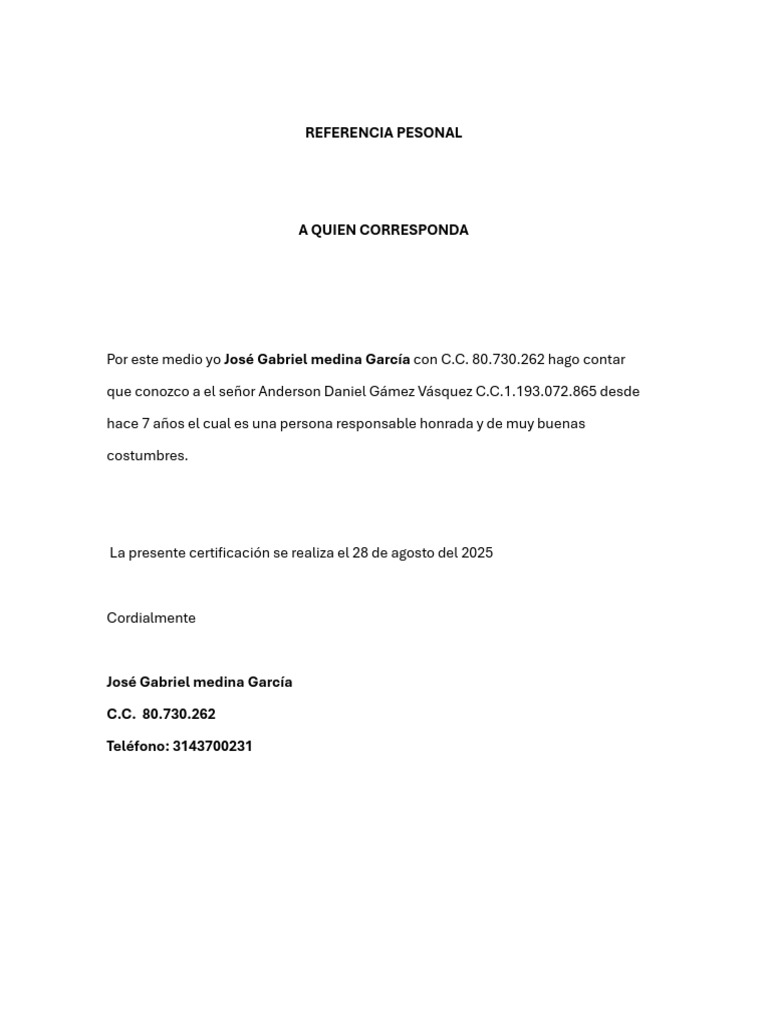Referencia Pesonal Daniel 2 | PDF