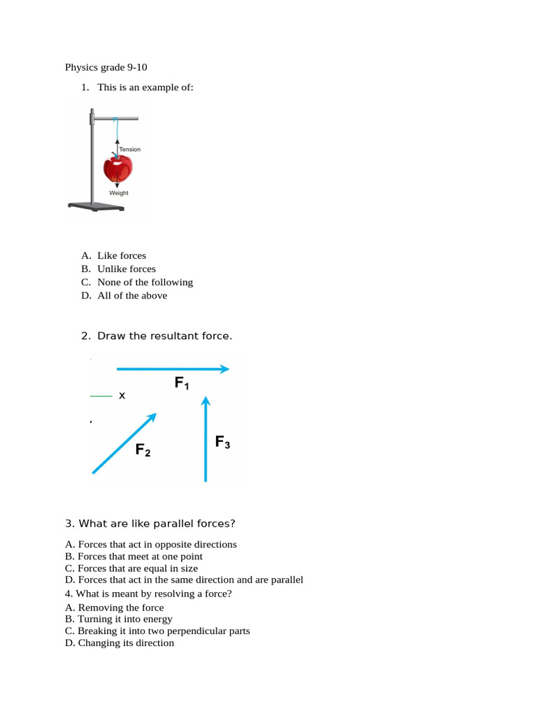 Grade 9-10 Physics Force Concepts Quiz | PDF