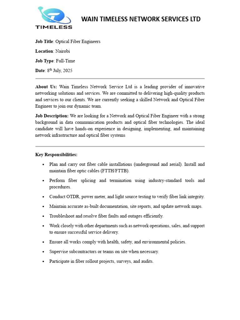 Optical Fiber Engineer Position in Nairobi | PDF | Optical Fiber ...