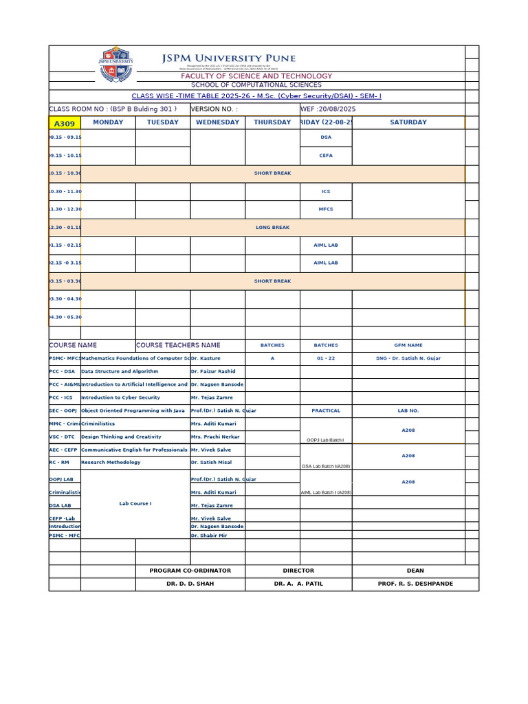 MSC - TIME - TABLE - CYBER - DSAI - I | PDF | Computing
