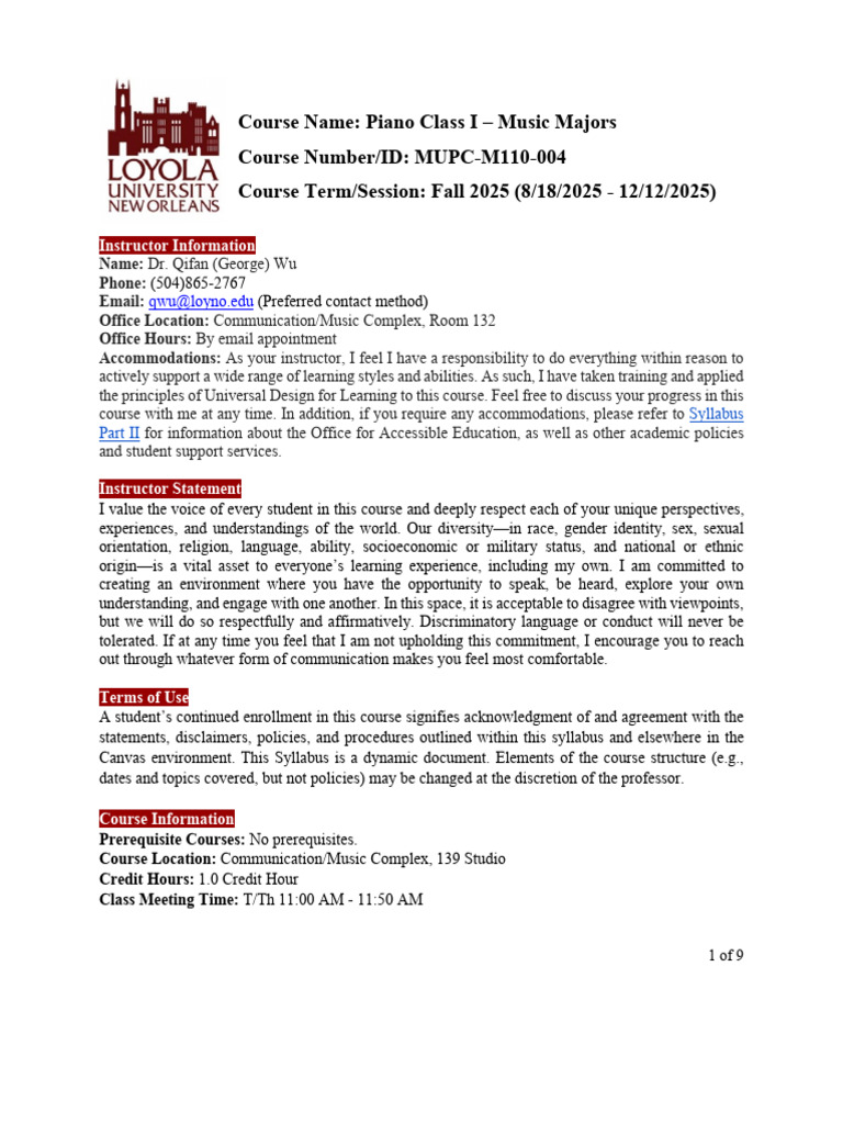Piano Class I Syllabus - Fall 2025 | PDF | Chord (Music) | Scale (Music)