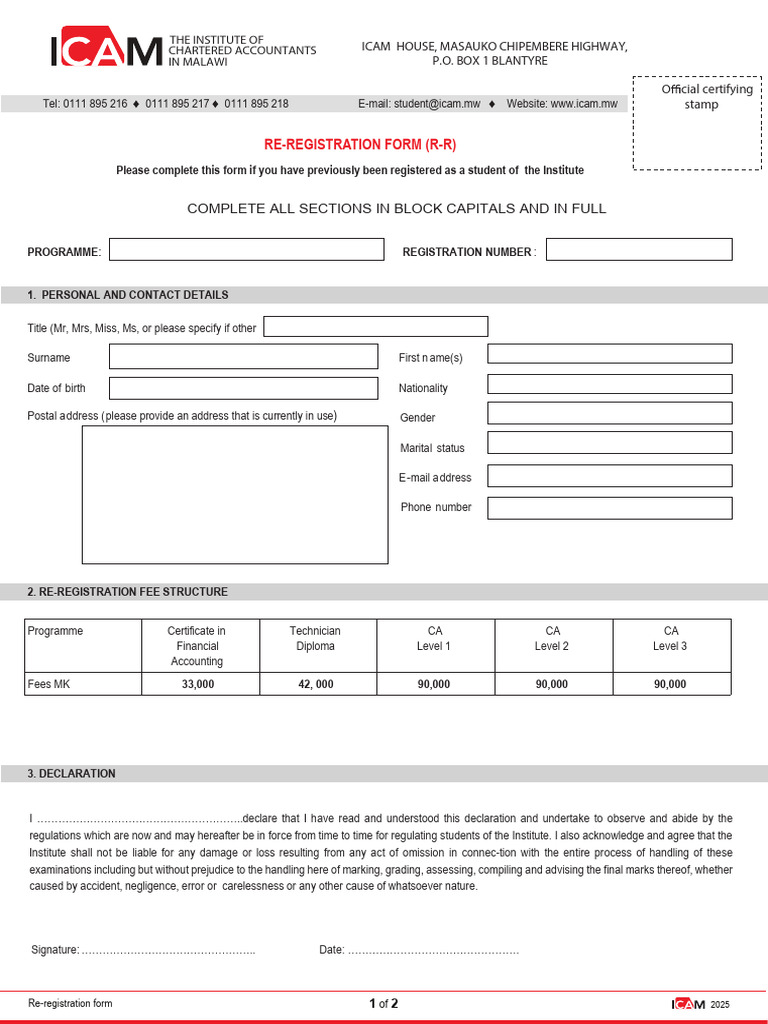 ICAM Re-Registration Form 2025 | PDF
