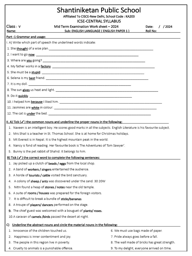 Class 5 English Grammar (Paper 1) Mid Term Worksheet 2025 | PDF | Grammatical Gender | Linguistics
