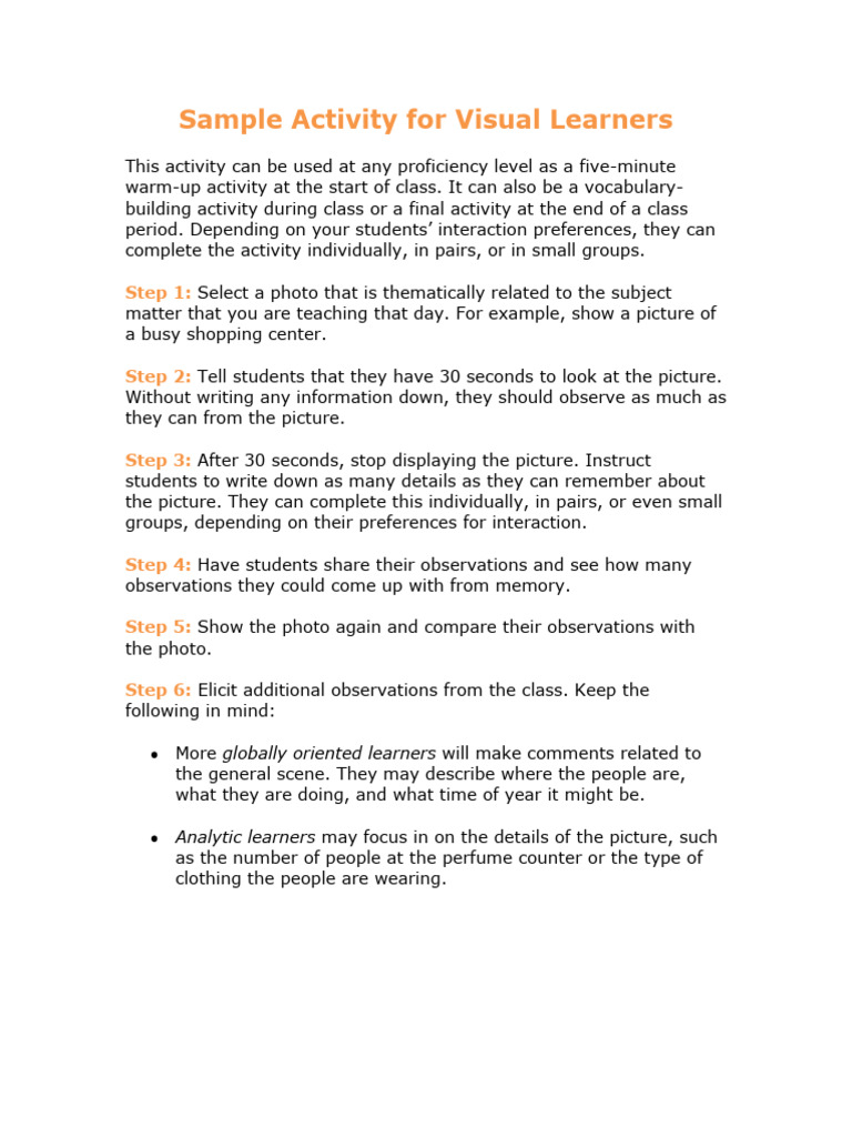 ESL SampleActivityVisualLearners | PDF
