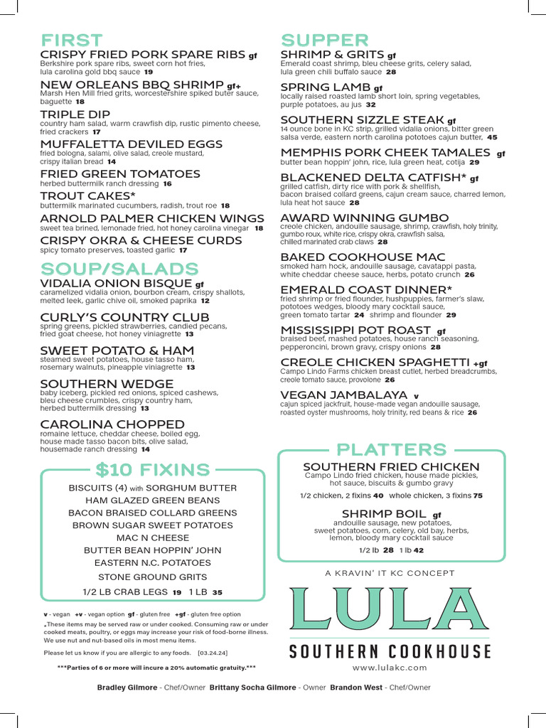 Lula Spring 2024 Dinner Menu A | PDF | Louisiana Creole Cuisine | Cajun ...