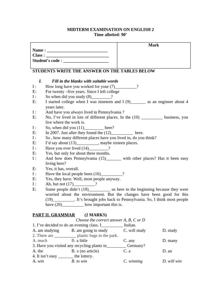 English 2 Midterm Exam Template | PDF