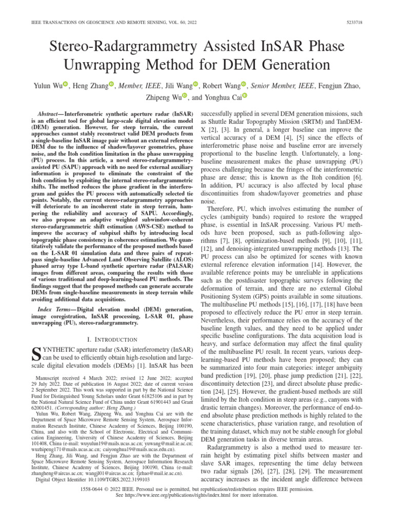 Stereo-Radargrammetry Assisted InSAR Phase Unwrapping Method For DEM ...