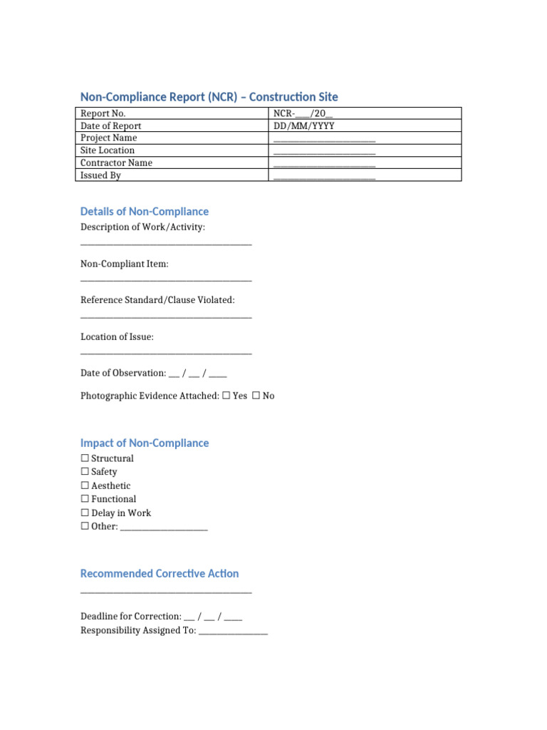 Non-Compliance Report Template for Construction | PDF