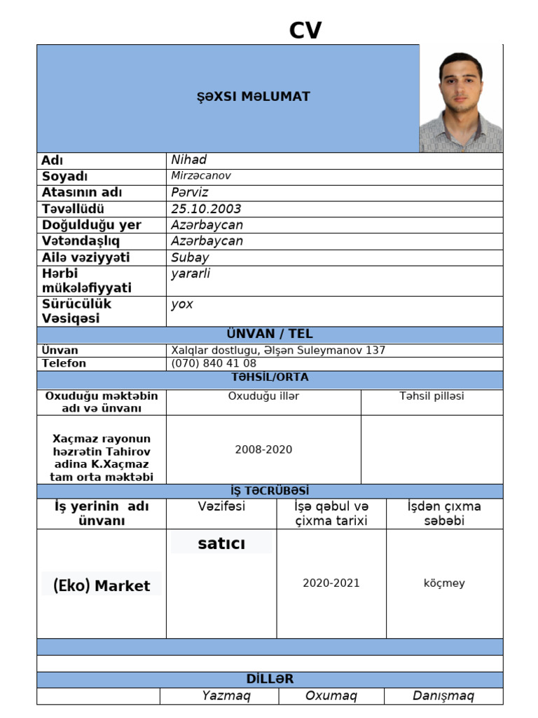 Xsi M Lumat: Nihad Pərviz 25.10.2003 Azərbaycan Azərbaycan Subay Yararli Yox | PDF