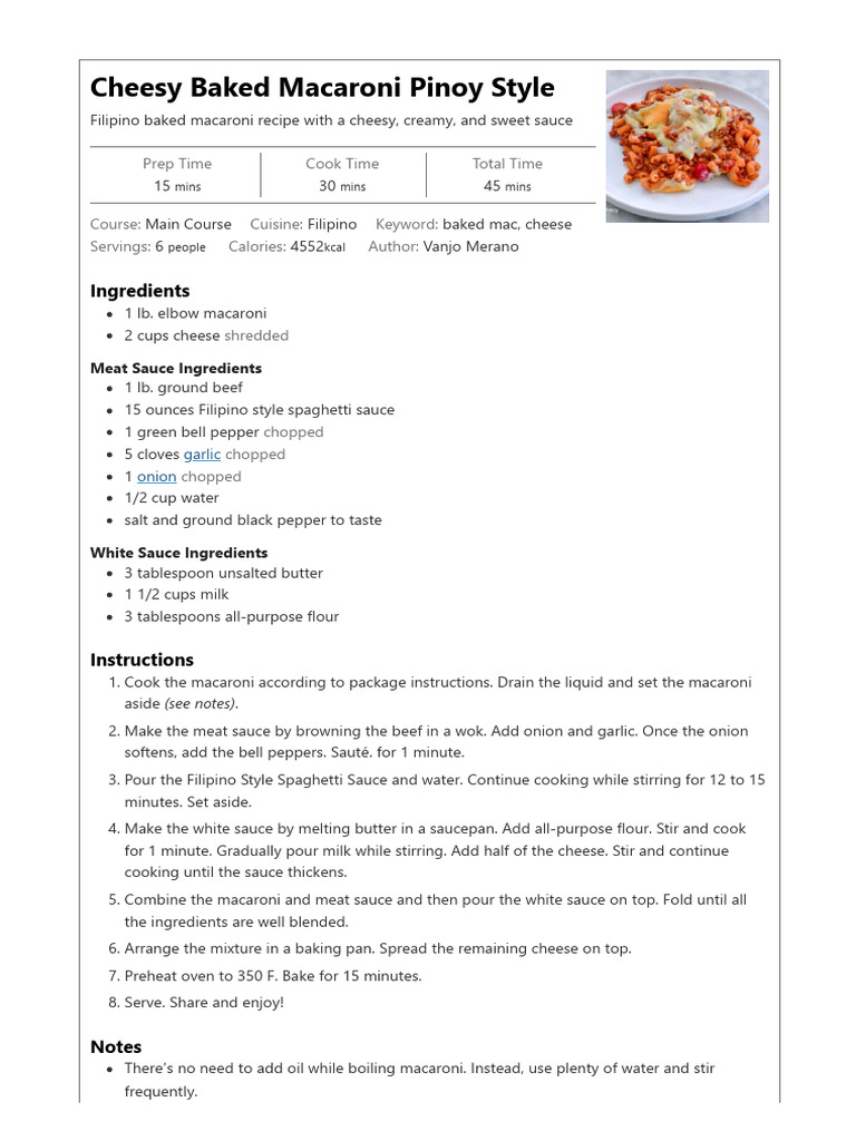 Pinoy Cheesy Baked Macaroni Recipe | PDF