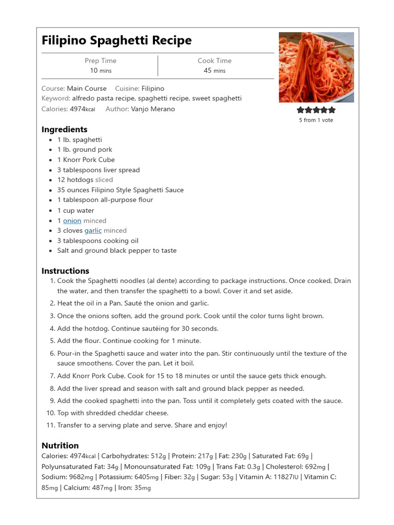 Filipino Spaghetti Recipe - Panlasang Pinoy | PDF