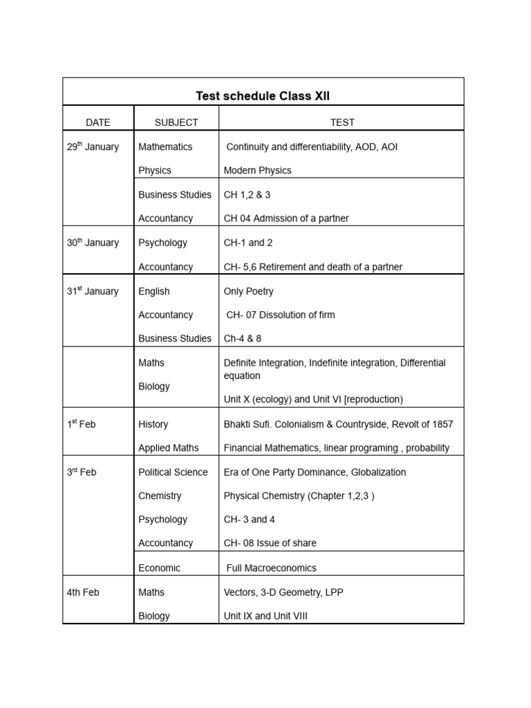 Class XII Test Schedule January-February | PDF | Mathematics | Applied ...