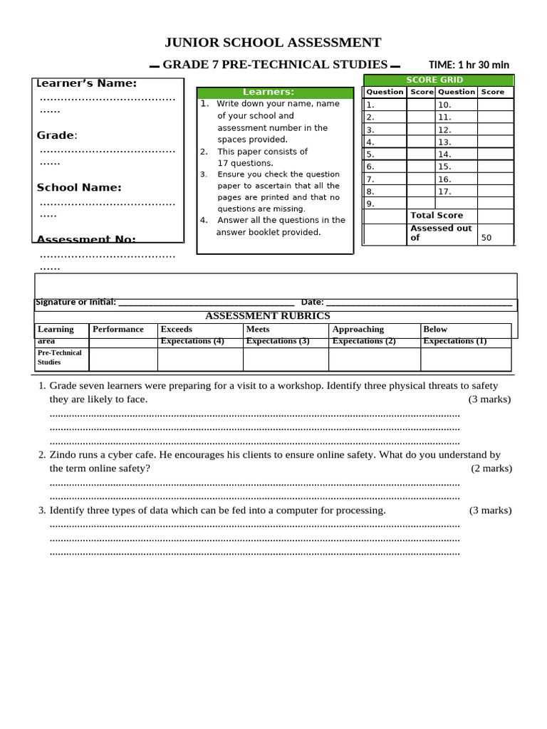 Grade 7 Pre-Technical Studies Assessment | PDF