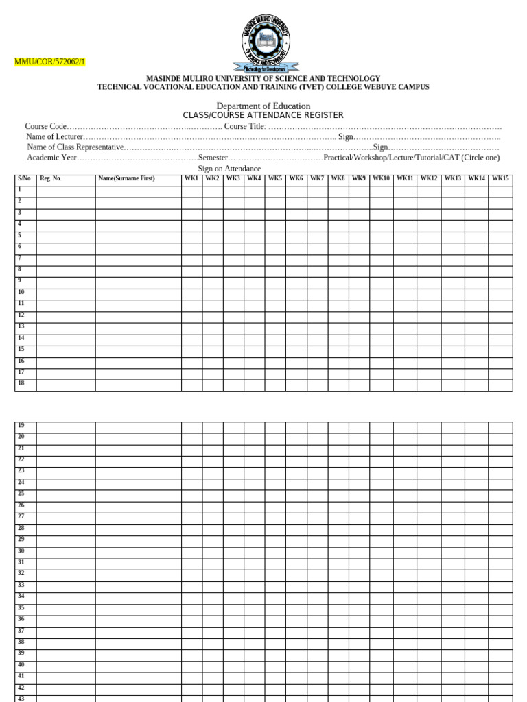 TVET Course Attendance Register Template | PDF