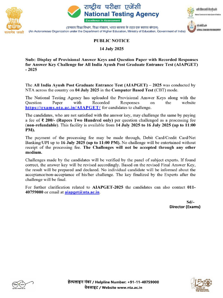 Public Notice Regarding Display of Answer Key Challenge With Recorded ...