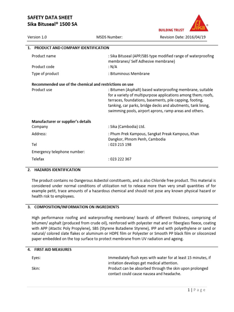 MSDS - E - Sika Bituseal 1500 SA | PDF | Personal Protective Equipment | Safety