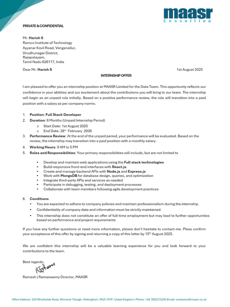 Harish S - FullStack Developer - Internship Offer | PDF | Internship | Job Hunting