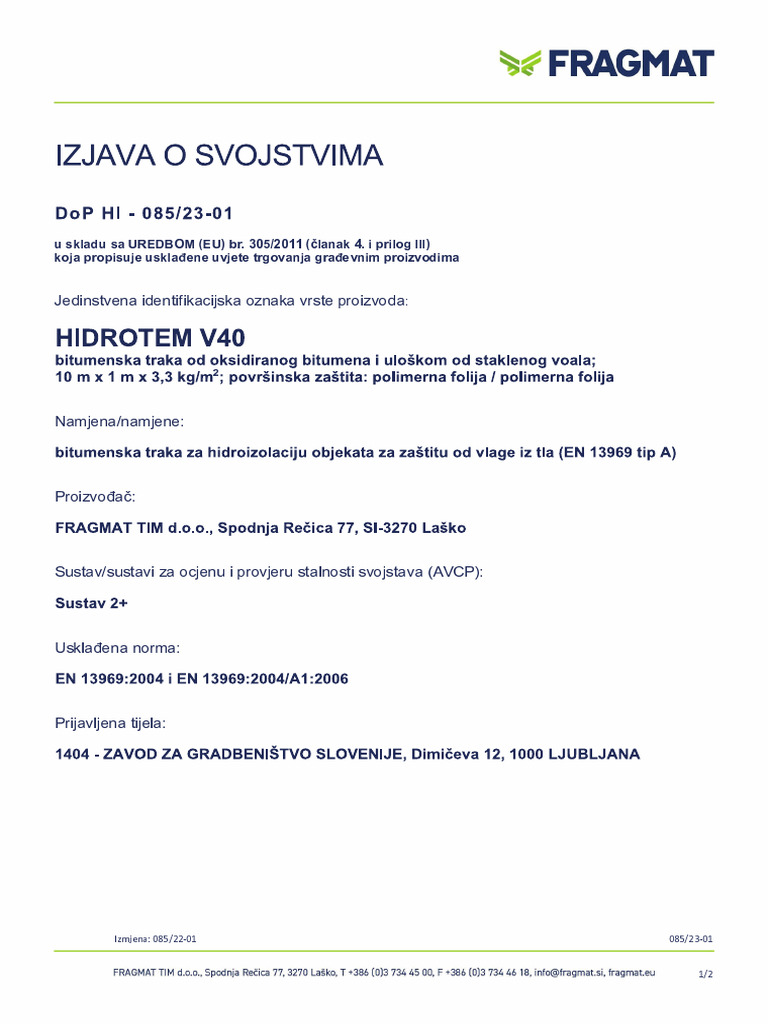 HIDROTEM V40 Ljepenka Izjava o Svojstvima | PDF