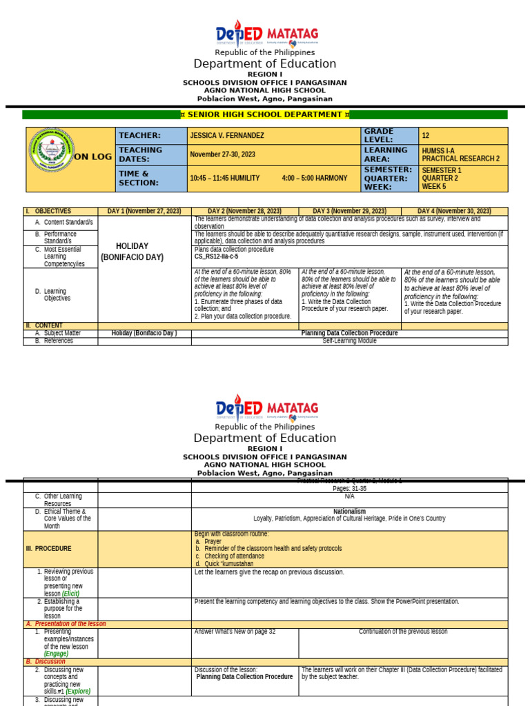 Week 5 Lesson Plan: Data Collection | PDF | Teachers | Learning