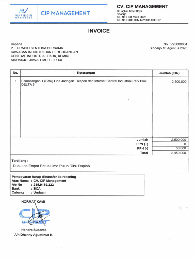 Invoice Pemasangan Jaringan Telepon Dan Internet Gudang Cip Blok Delta 3 | PDF