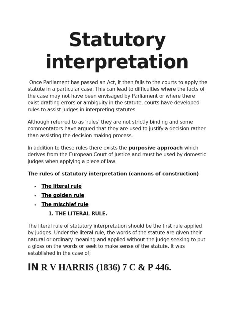 Statutory Interpretation: R v Harris 1836 | PDF | Plain Meaning Rule ...