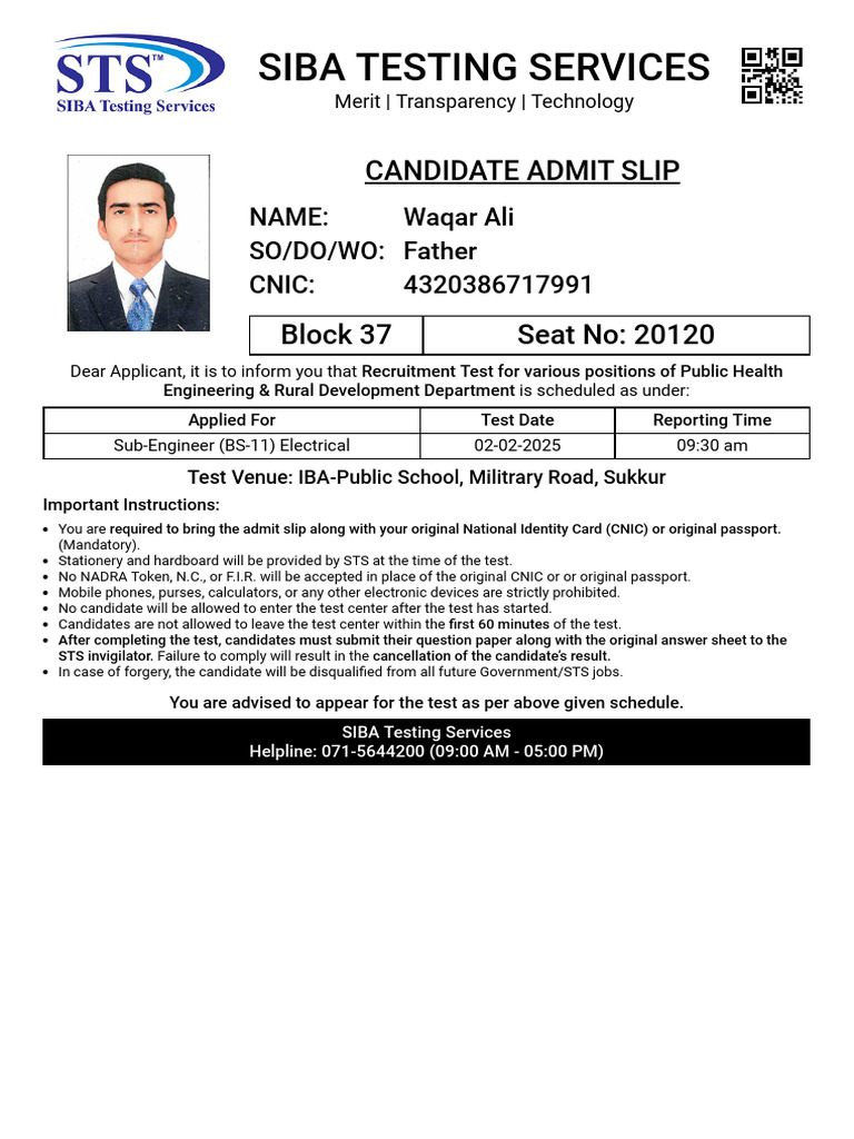 Siba Testing Services: Candidate Admit Slip | PDF