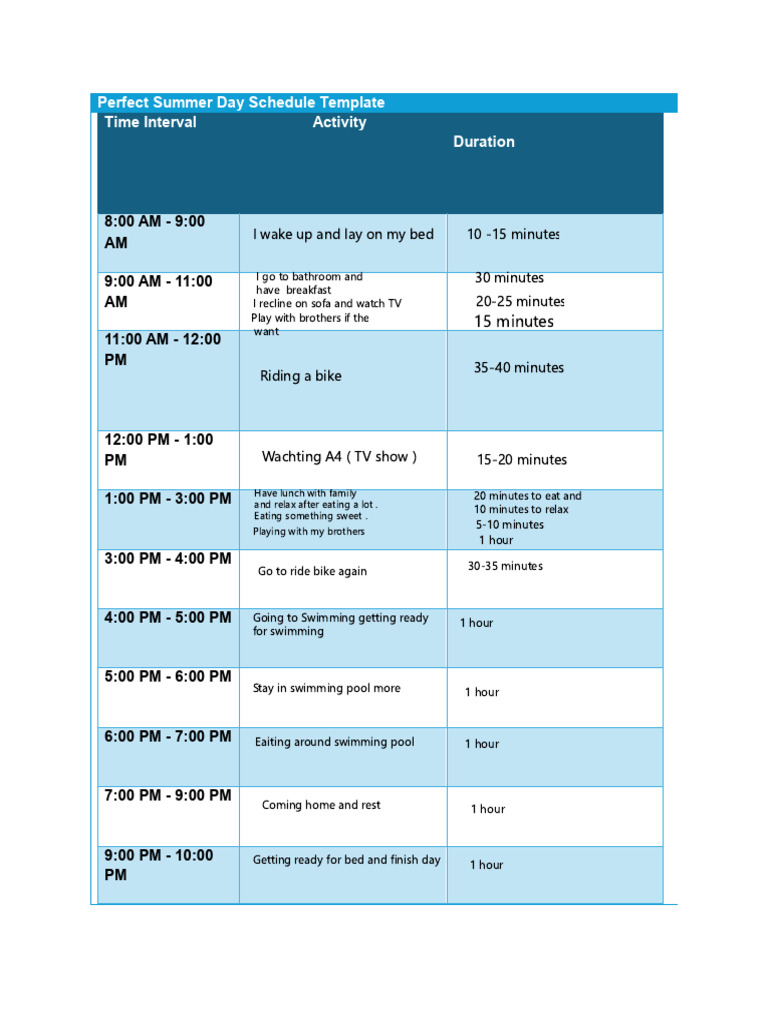 Perfect Summer Day Schedule Template Math Activity 1 | PDF