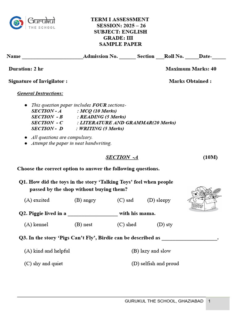 English Sample Paper Class III | PDF