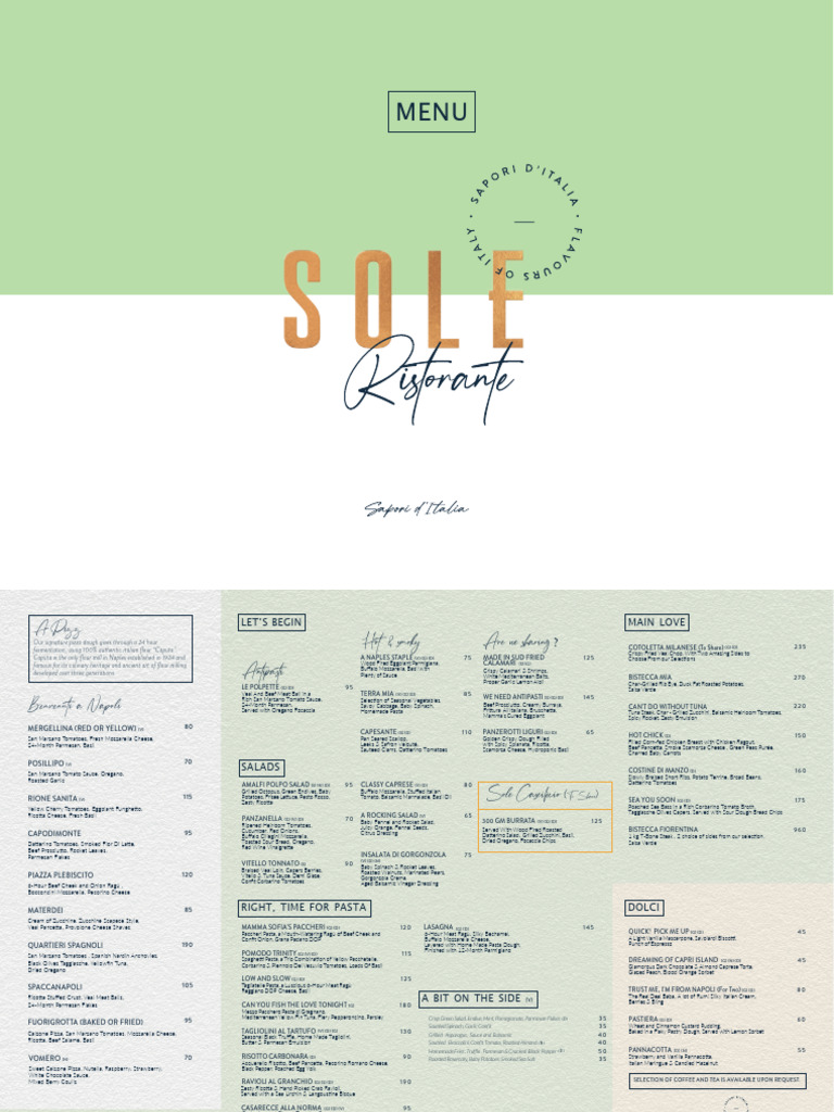 Sole Ristorante Italiano Menu | PDF | Salad | Pasta