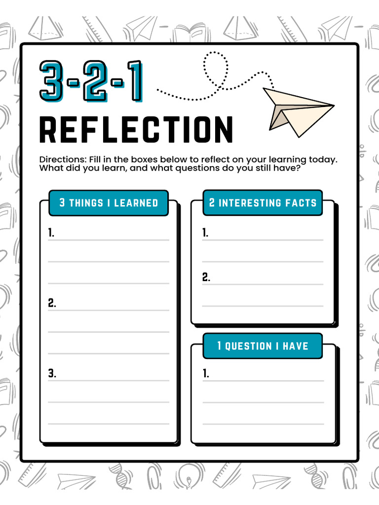 3-2-1 Learning Reflection Exit Ticket Worksheet in Simple Teal White ...
