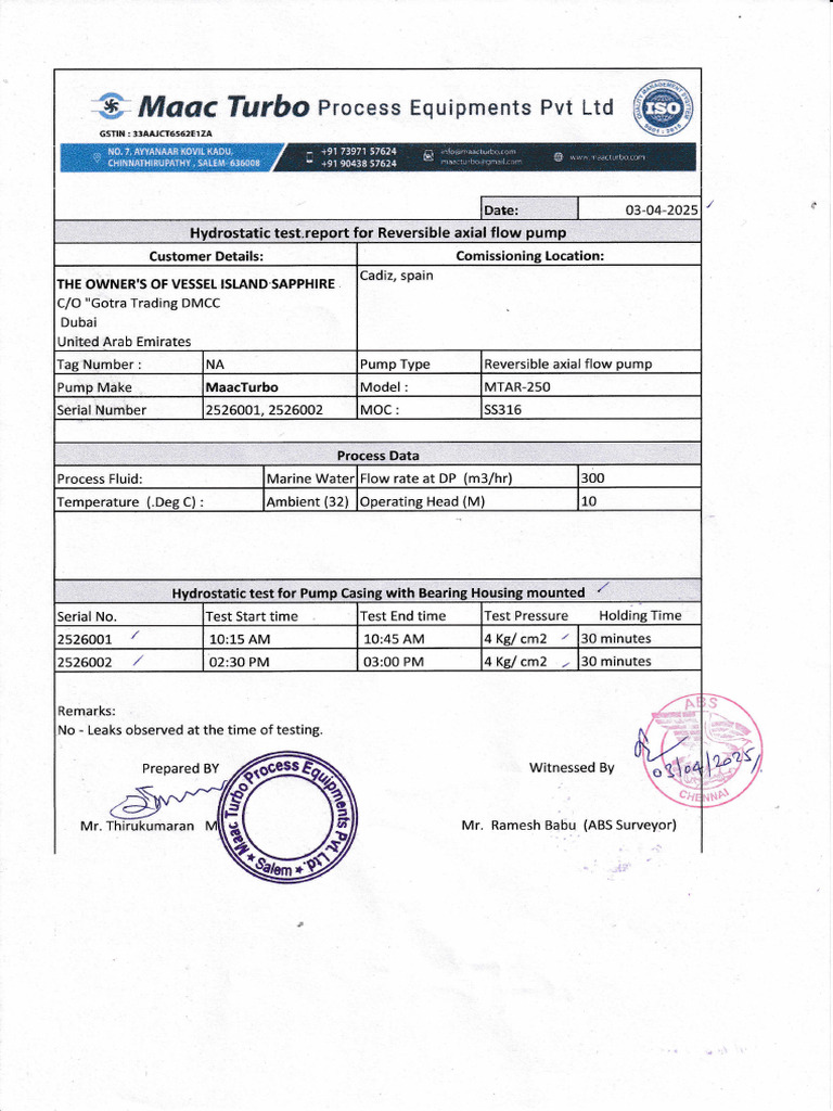 Hydrostatic Test Report: Axial Flow Pump | PDF | Mechanics | Industrial ...