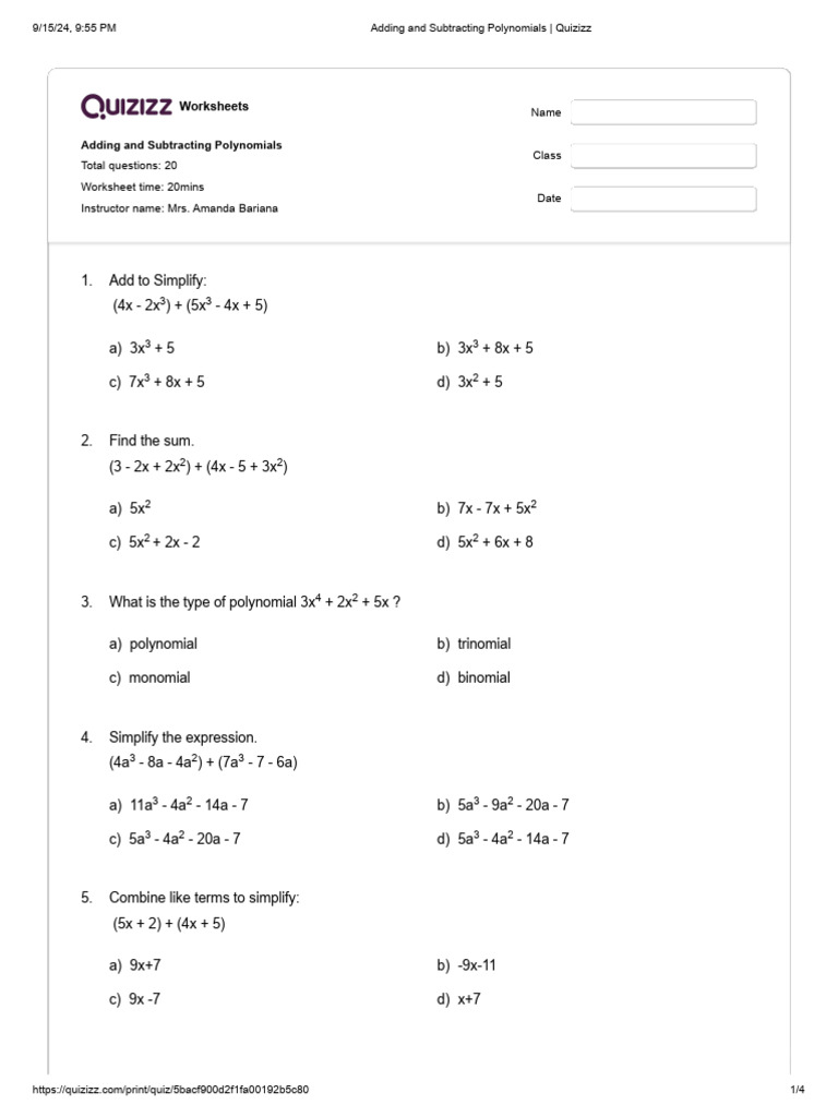 Polynomial Addition And Subtraction Quiz Pdf Polynomial Chess