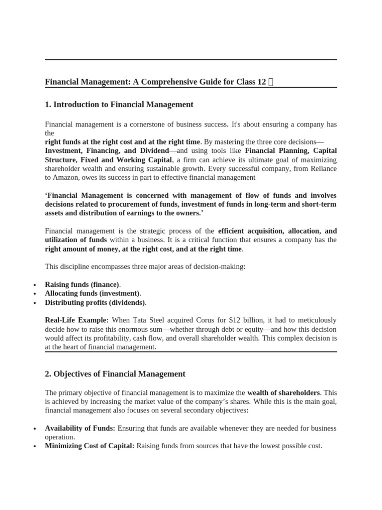 Class 12 Financial Management Notes | PDF | Equity (Finance) | Cost Of ...