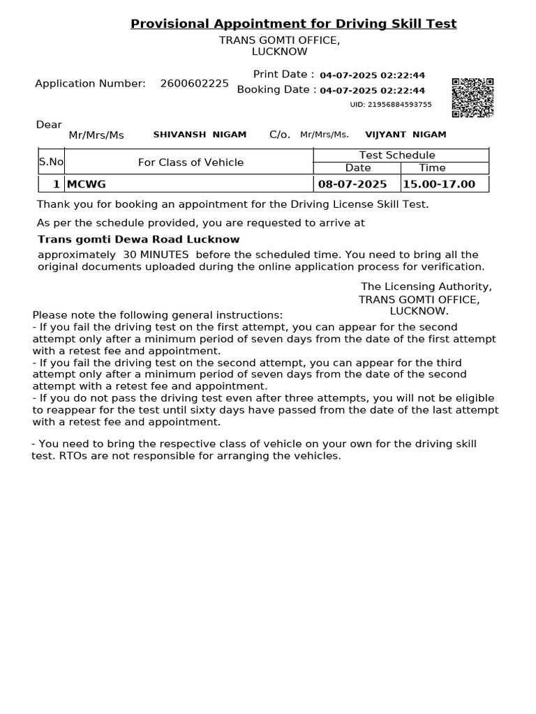 Driving Skill Test Appointment Details | PDF