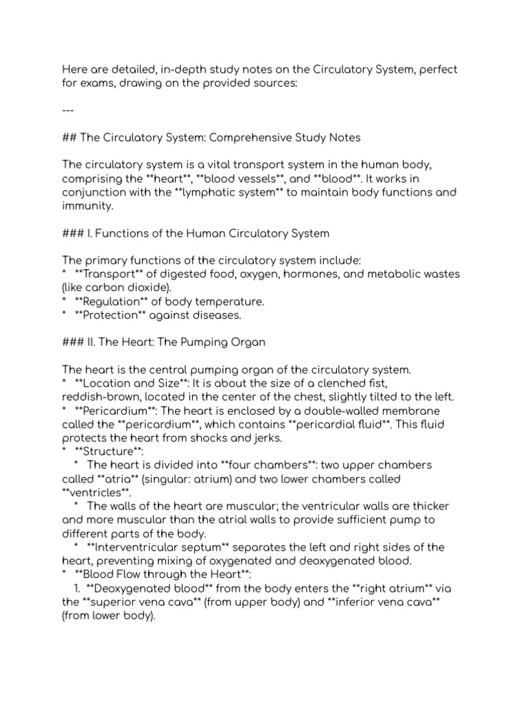 Circulatory System Study Notes | PDF | Vein | Artery