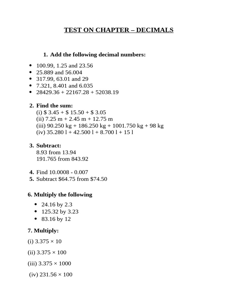 Class 5 Decimals Maths Test Worksheet | PDF