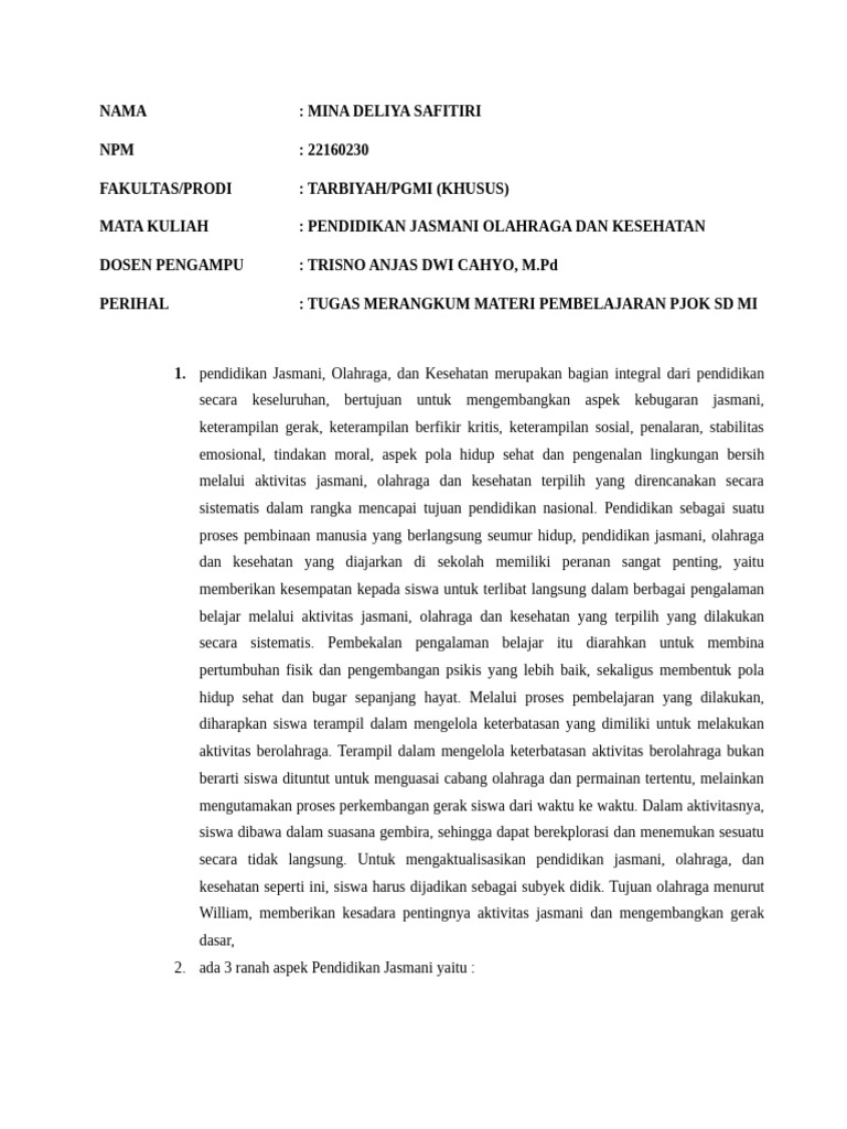 Mina Deliya Safitri-22160230-Tugas Rangkuman Pjok | PDF