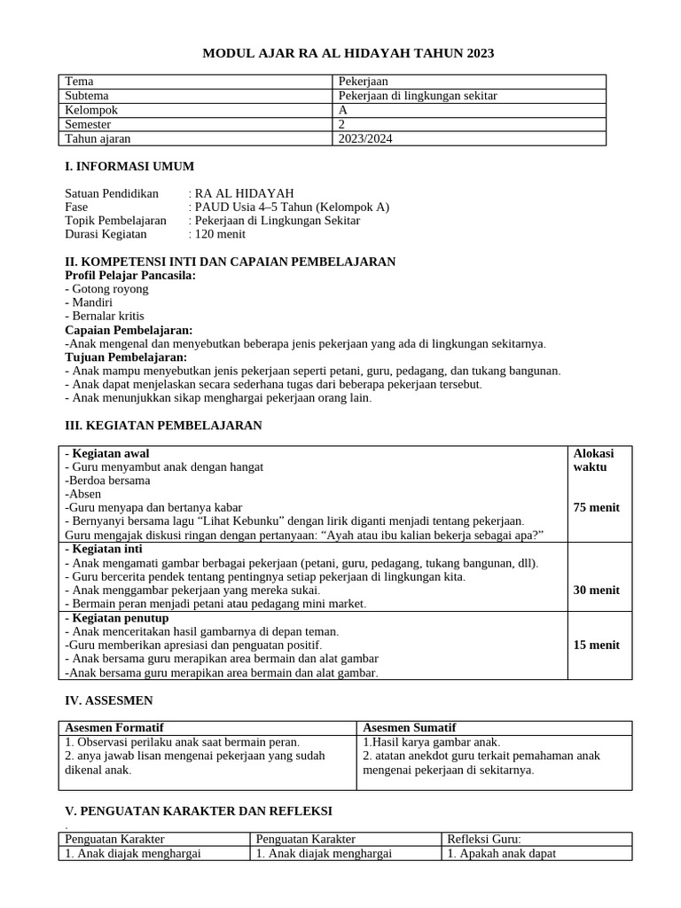 Modul Ajar Pekerjaan PAUD RA Al Hidayah | PDF