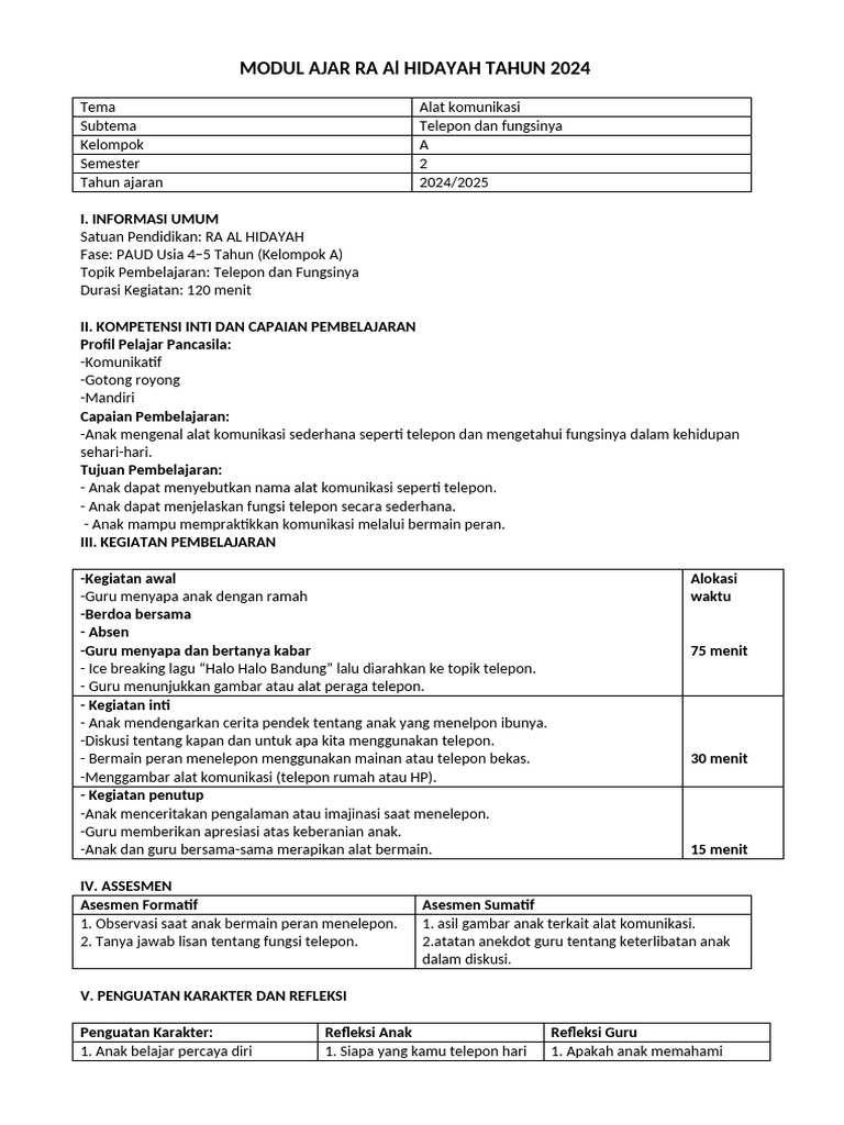 Modul Pembelajaran Telepon PAUD 2024 | PDF