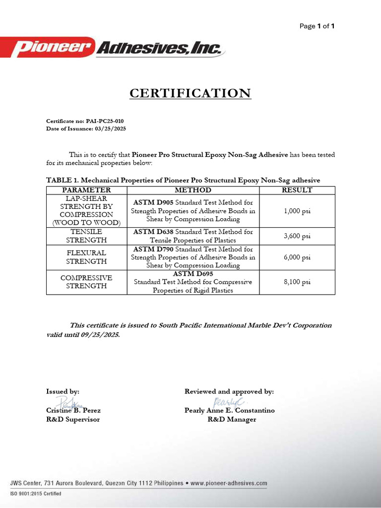 Certification Mechanical Properties Structural Non-Sag 032525 r00 | PDF