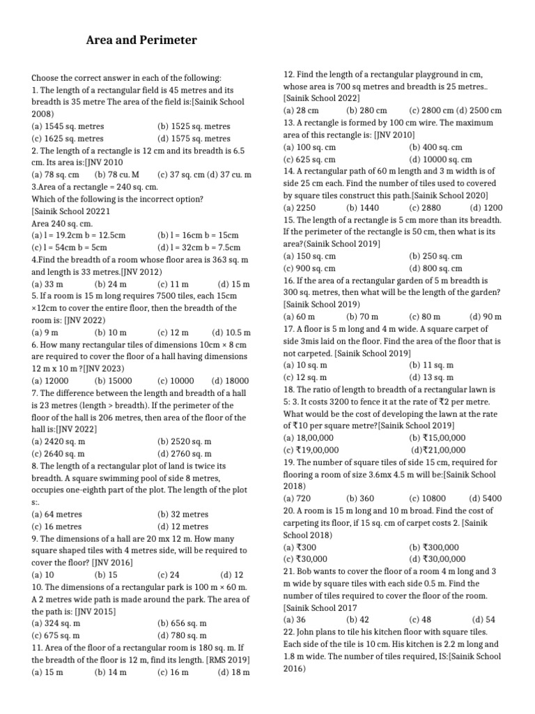 Area and Perimeter Calculations | PDF | Length | Area