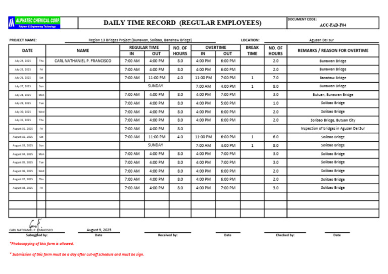 Carl Nathan Francisco DTR August-9-2025 | PDF | Labour Law | Working Time